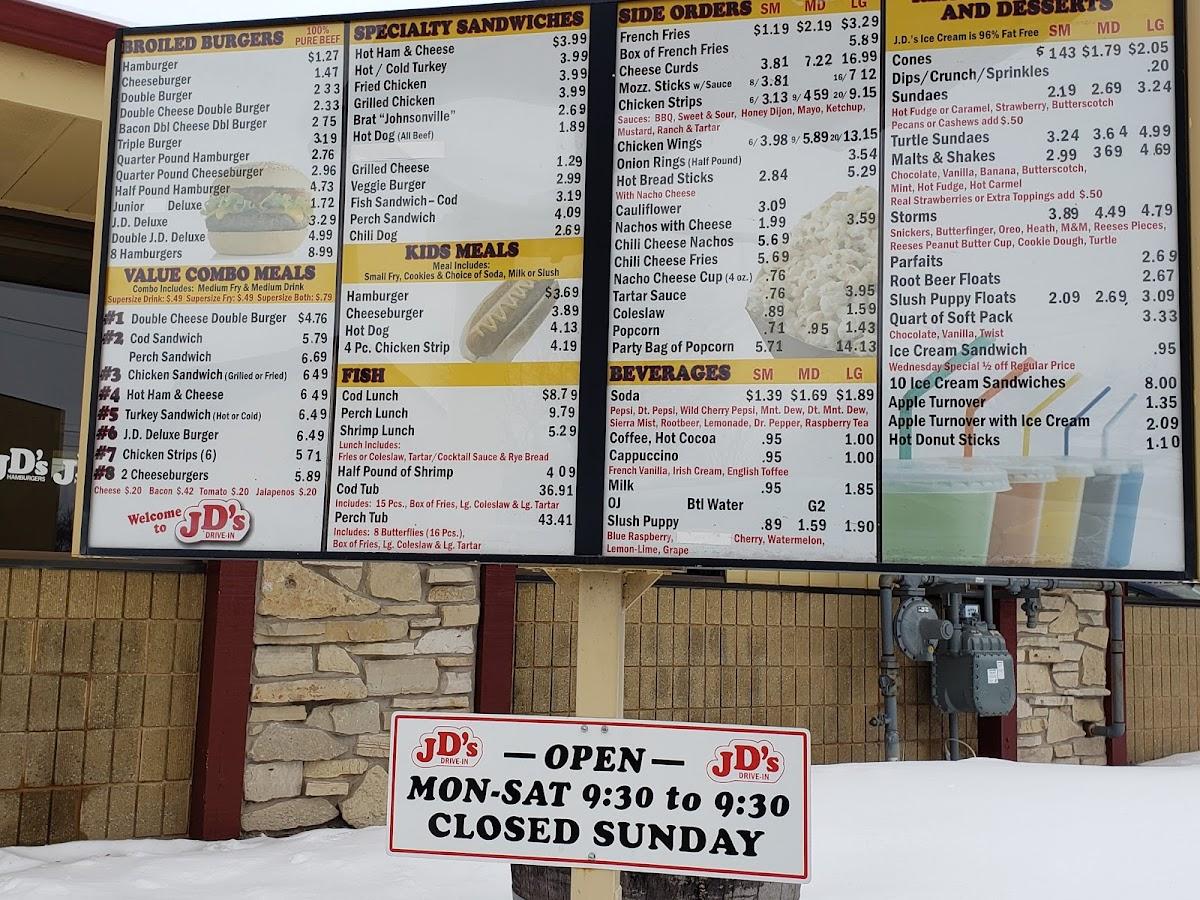 Menu at JD's Drive-In fast food, Appleton