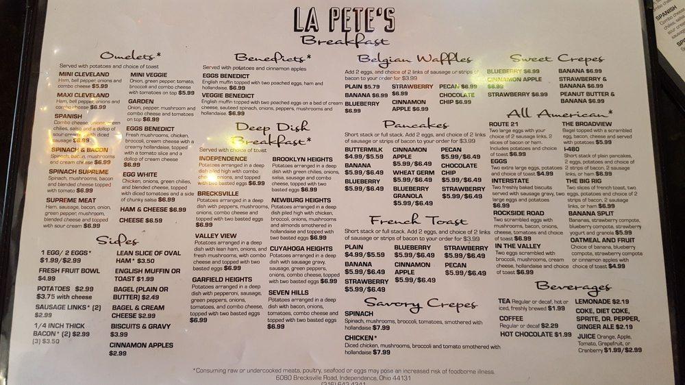 Menu at L.A. Pete's pizzeria, Independence