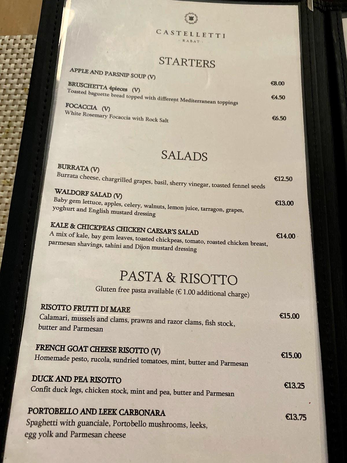 Menu at Palazzo Castelletti Restaurant, Rabat