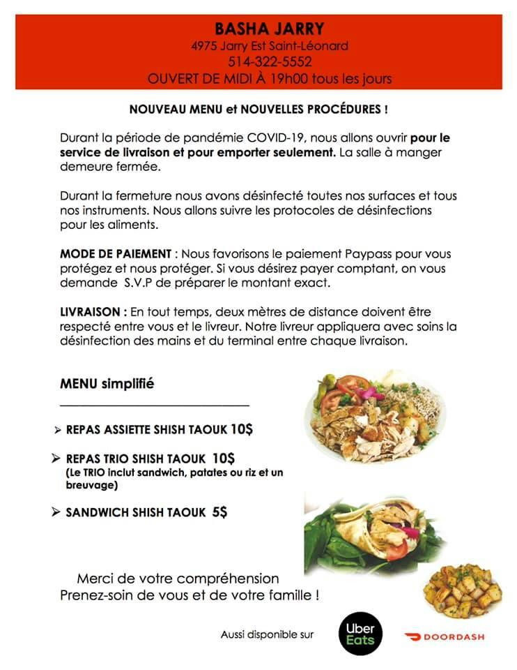 Menu au Restaurant Basha Jarry (St-Léonard), Montréal, Rue Jarry E