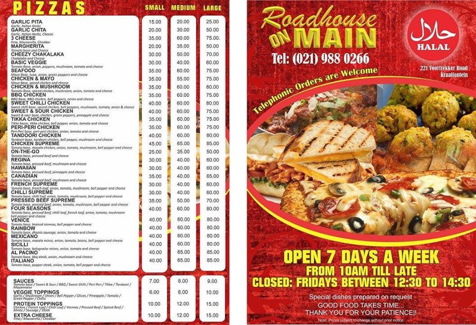 Menu at Road House On Main restaurant, Cape Town