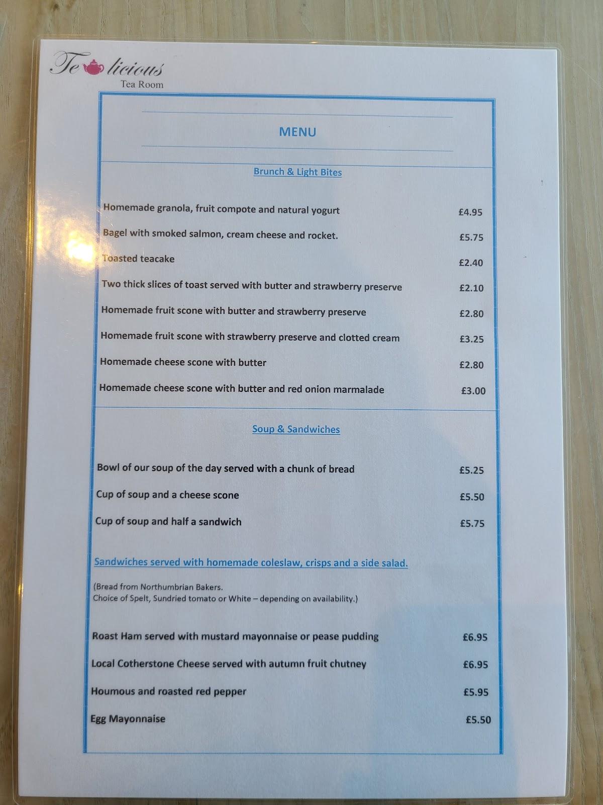 Menu at Tealicious Tea Room cafe, Durham