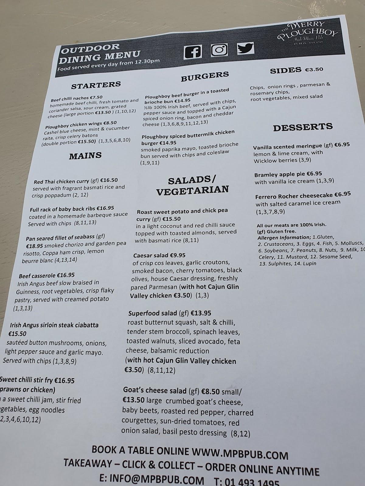 Menu at The Merry Ploughboy Gastro Pub, Dublin, Edmondstown Rd