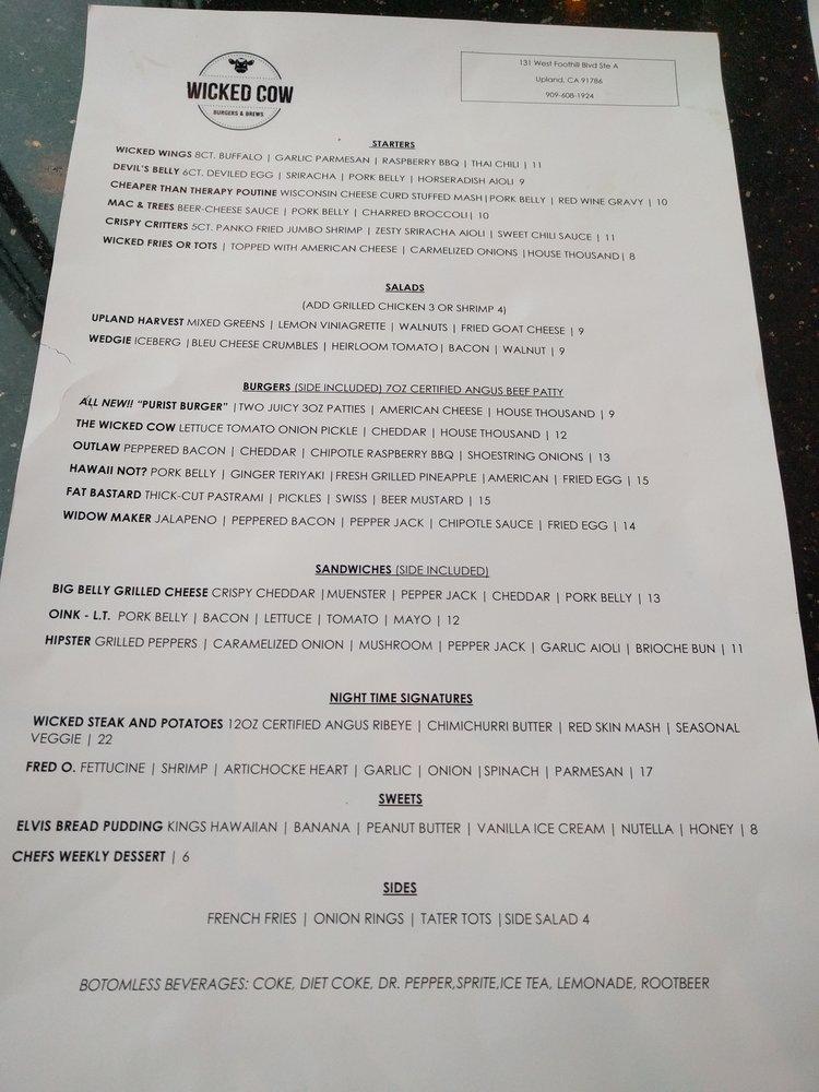 Menu at Wicked Cow Burgers and Brews - Upland restaurant, Upland