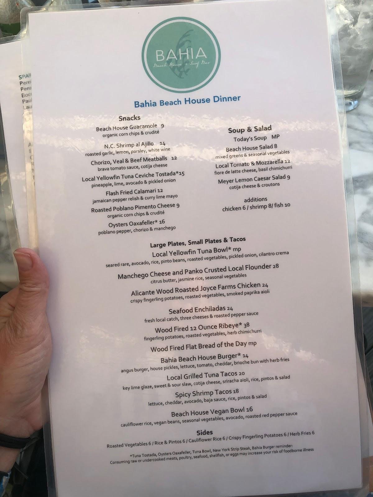 Menu at Bahia Beach House & Surf Bar, Atlantic Beach