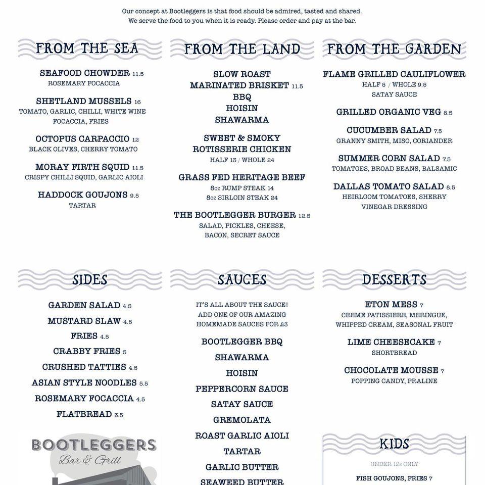 Menu at Bootleggers Bar & Grill, Hopeman