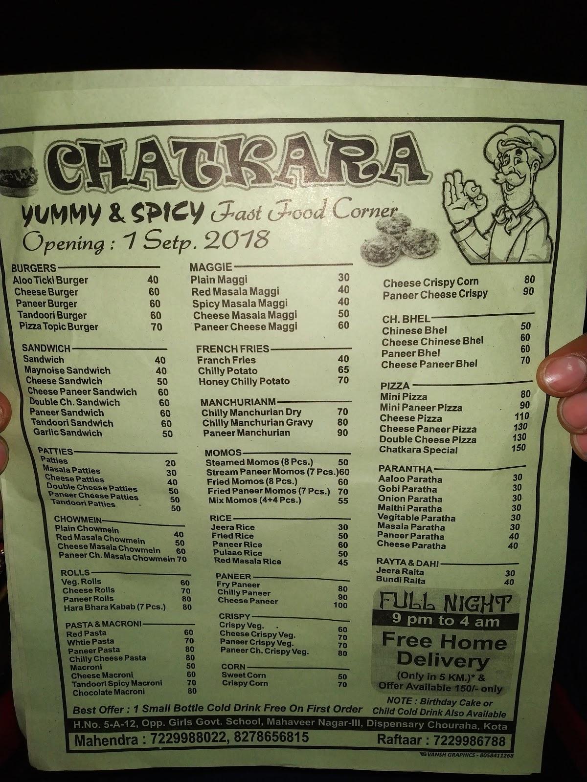 Menu at Chatkara Fast Food Corner, Kota