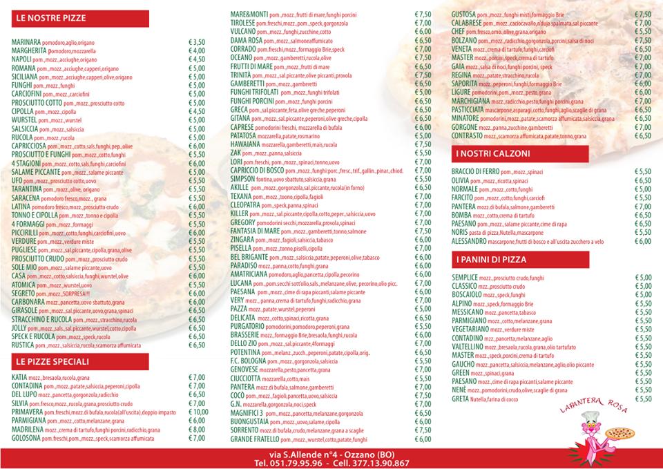 Menu da La Pantera Rosa pizzeria, Ozzano dell'Emilia, Via Allende