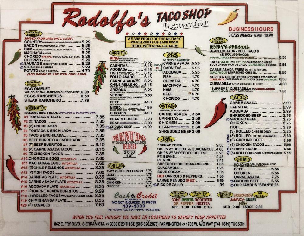Menu at Rodolfo's Taco Shop restaurant, Sierra Vista