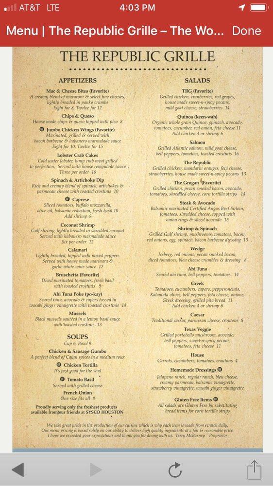 Menu at The Republic Grille - The Woodlands, The Woodlands, W Panther ...