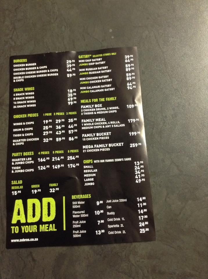 Speisekarte von Zebro's restaurant, East London, Shop G54