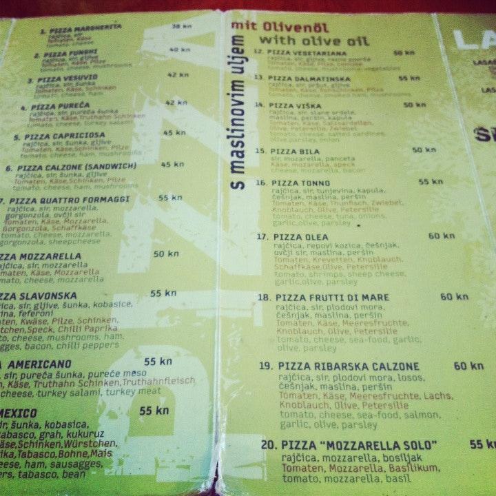 Menu at bistro Olea restaurant, Tučepi