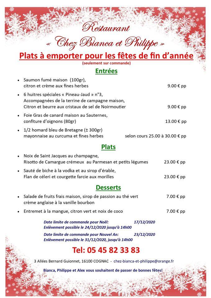 Menu au La Rôtisserie de Philippe restaurant, Cognac