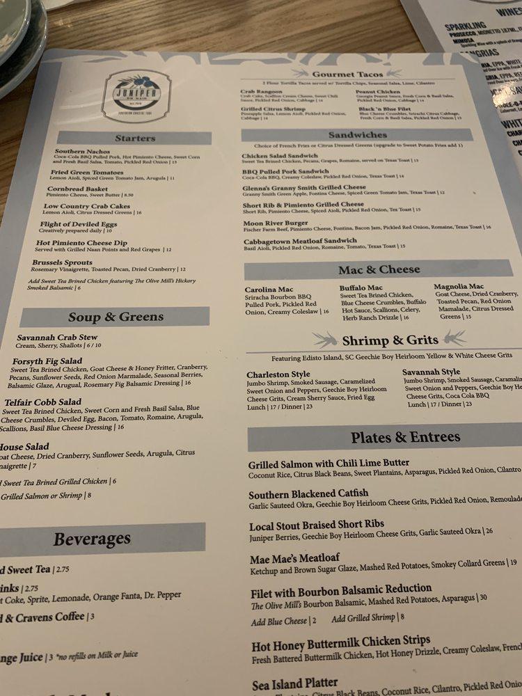 Menu at Juniper on Main restaurant, Carmel
