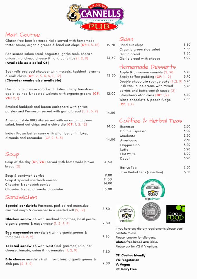 Menu at Scannells Bar, Clonakilty