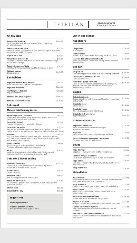 Carta del restaurante Tetetlán, Ciudad del México