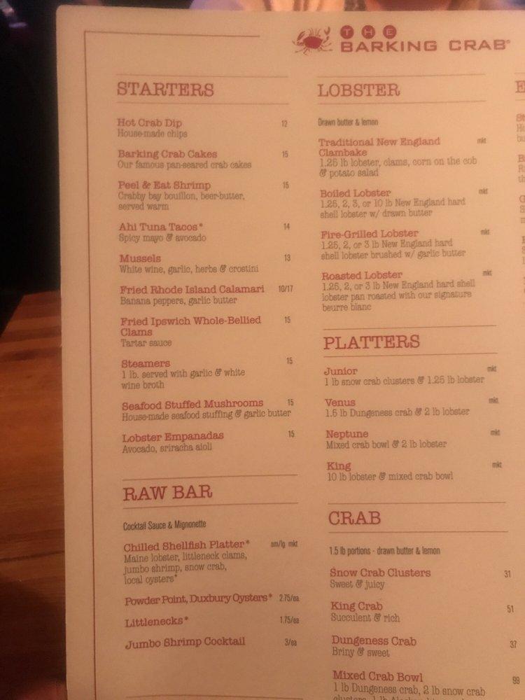 Menu at The Barking Crab, Boston