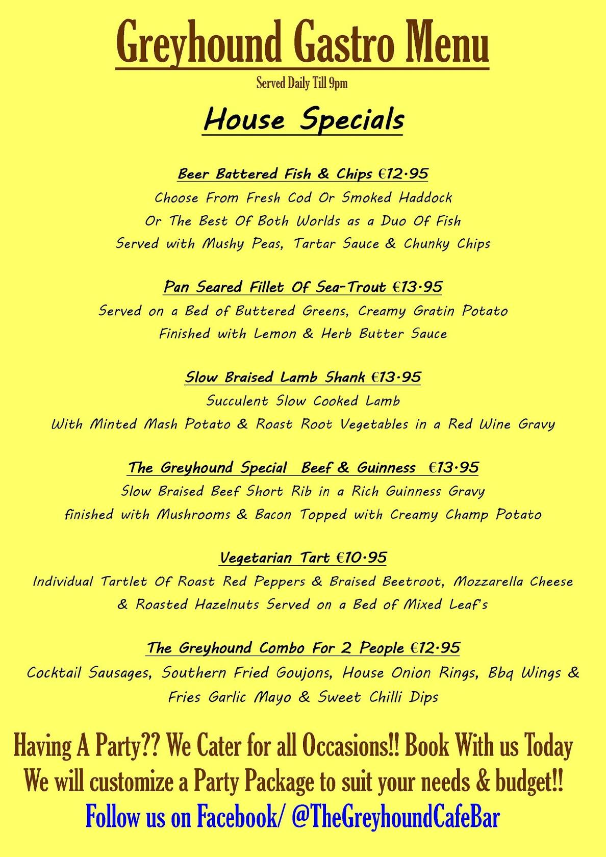 Menu at The Greyhound Café Bar, Dublin