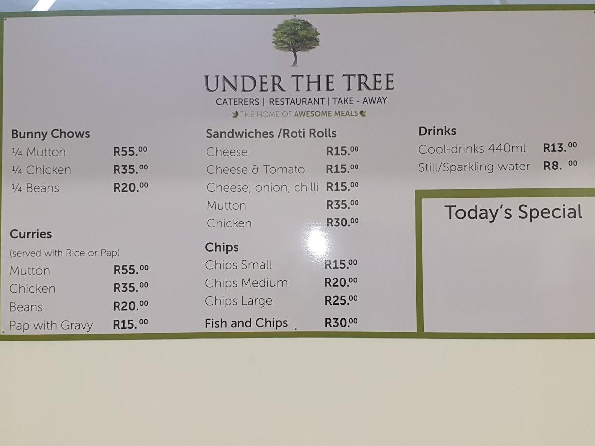 Menu at Under the tree takeaway restaurant, Verulam