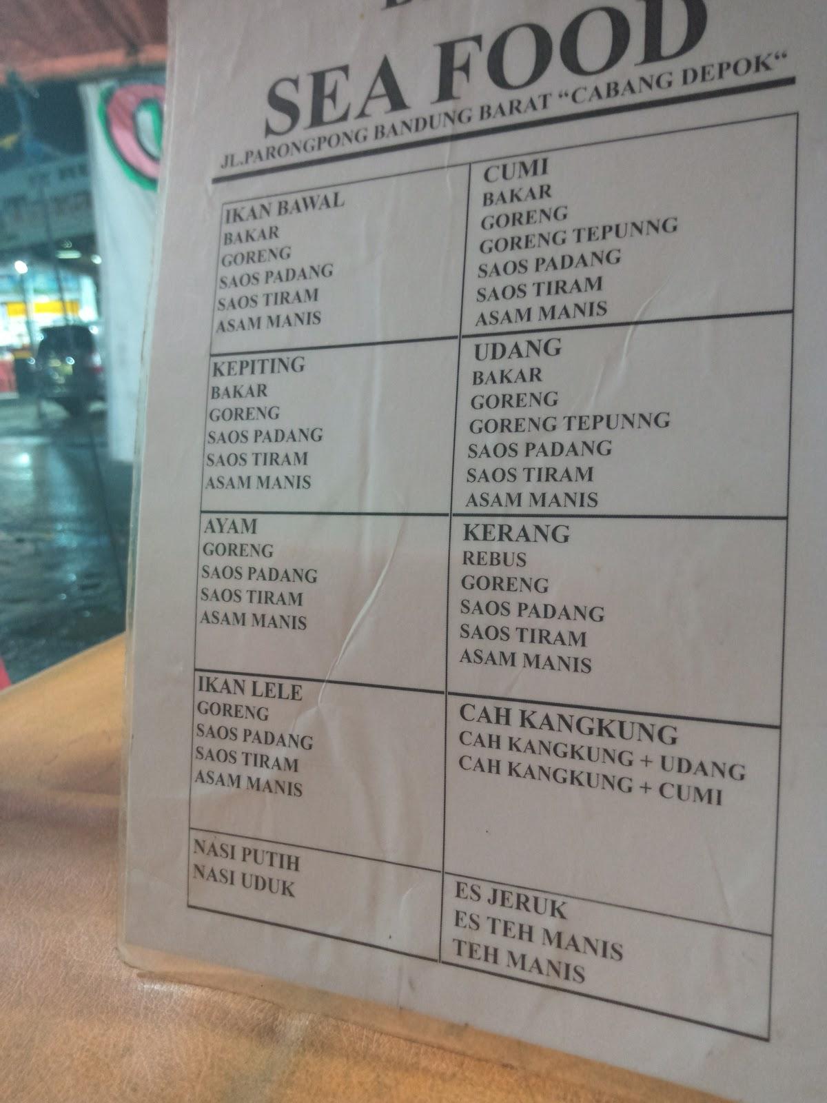 Menu at Bayu Seafood restaurant, Lembang