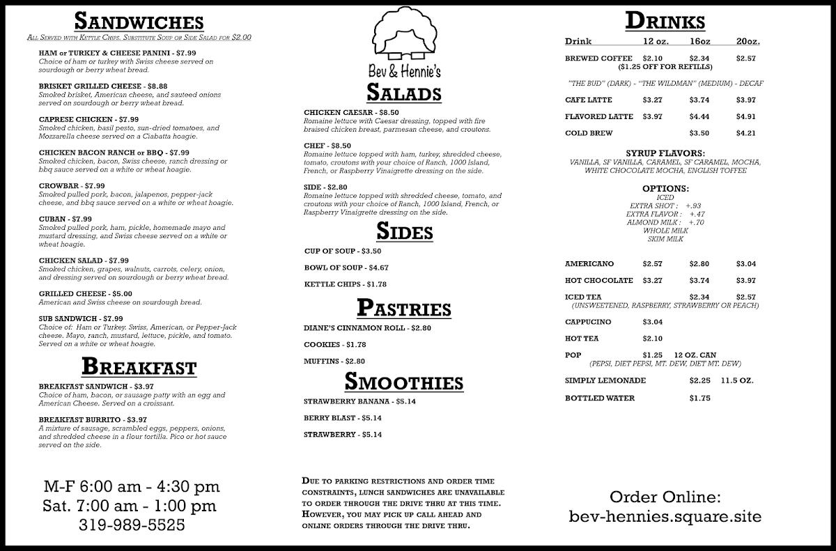 Menu at Bev & Hennie's restaurant, Parkersburg
