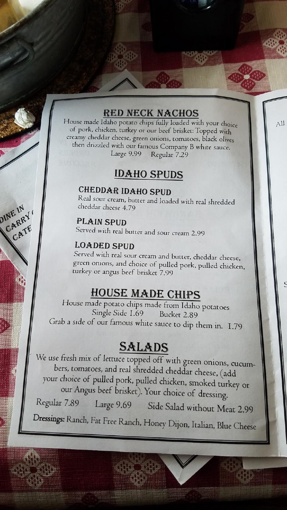 Menu at Company B Bbq, Byrnes Mill
