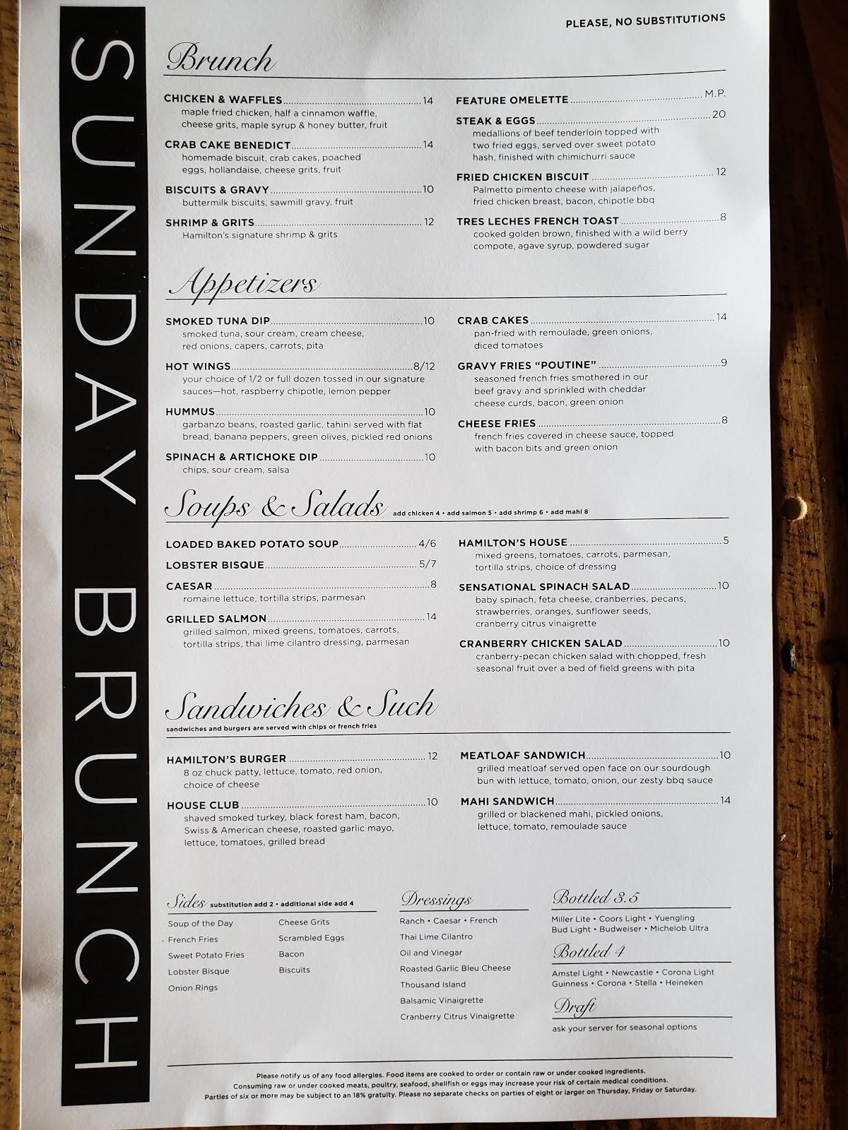 Menu at Hamilton's On Ogletree pub & bar, Auburn, Ogletree Rd