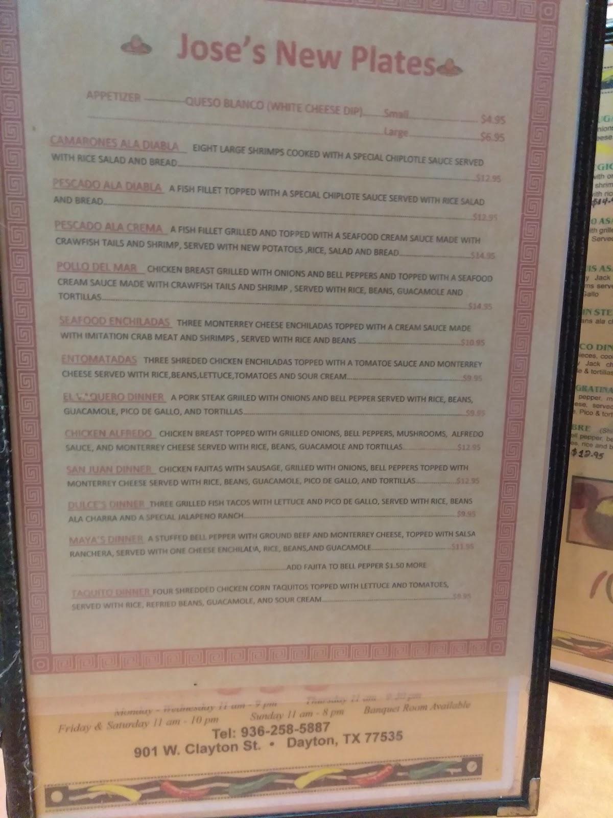 Menu at Jose's Mexican Restaurant, Highlands