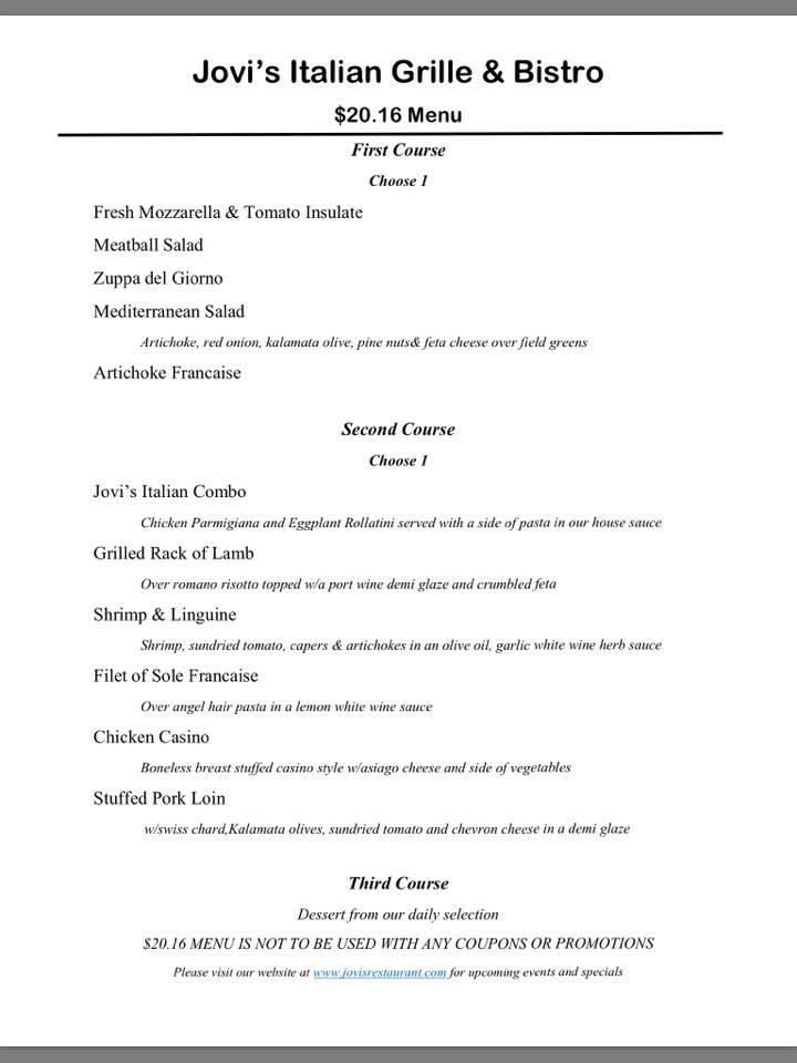 Menu at Jovi's restaurant, Buffalo