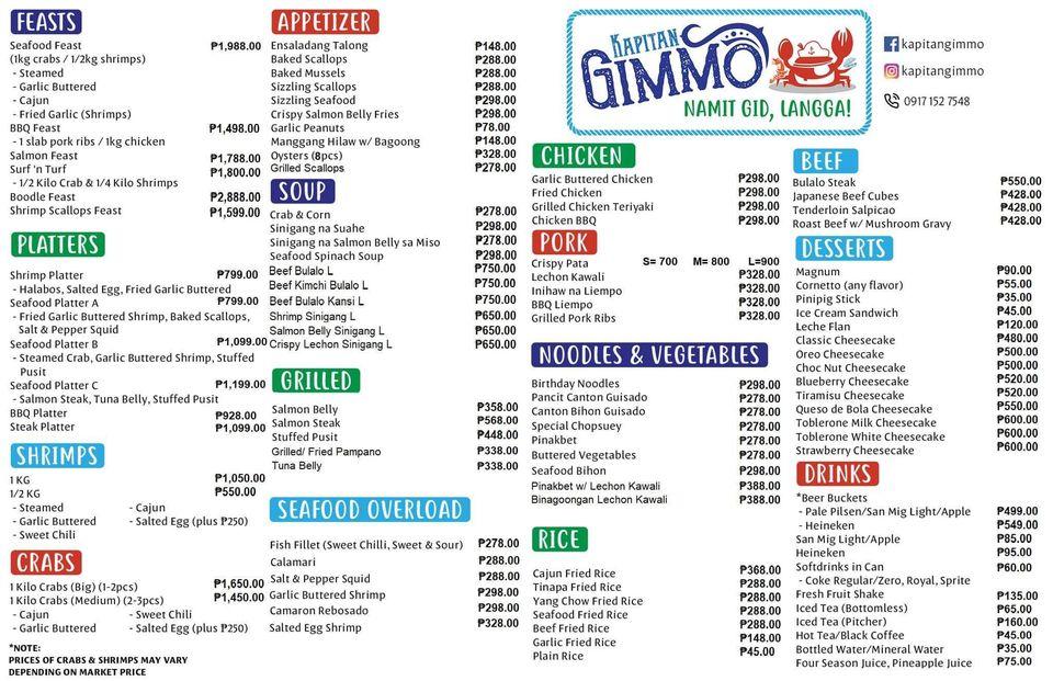 Menu at Kapitan Gimmo restaurant, Quezon City