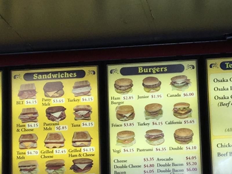 Menu at Mission Burgers fast food, Riverside