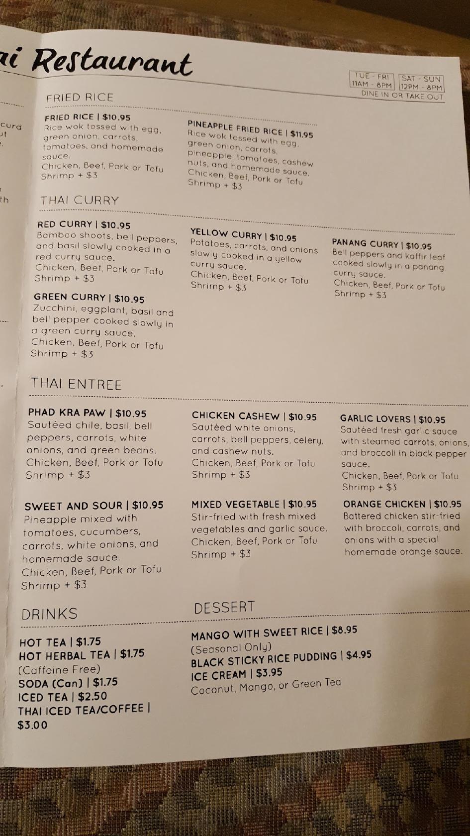 Menu at Phad Thai restaurant, Coupeville