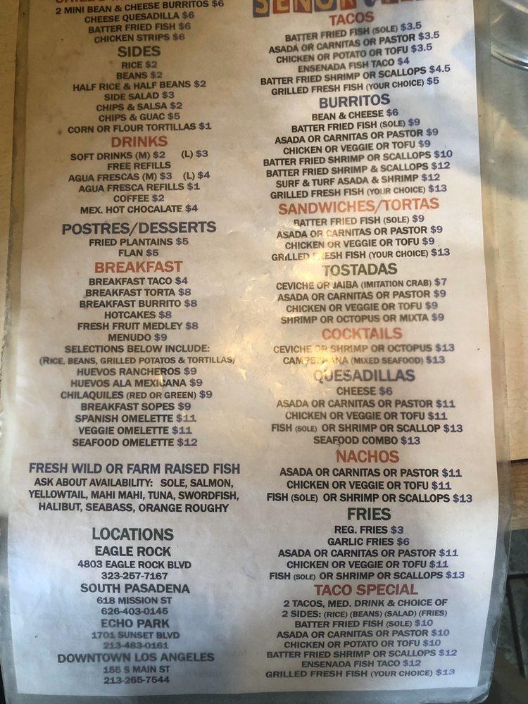 Menu at Señor Fish pub & bar, Los Angeles, Eagle Rock Blvd