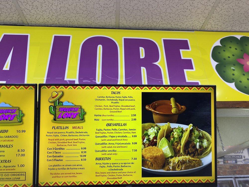 Menu at Taqueria lore restaurant, Forney