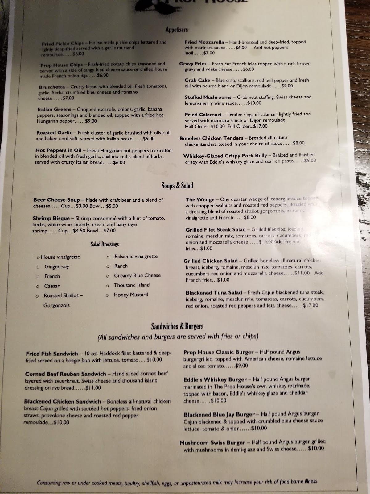 Menu at The Prop House restaurant, Craig Beach
