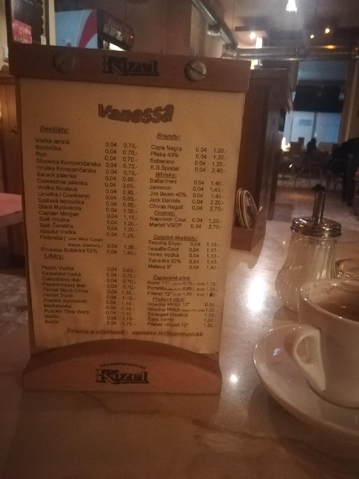 Menu at Bar Vanessa, Trebišov