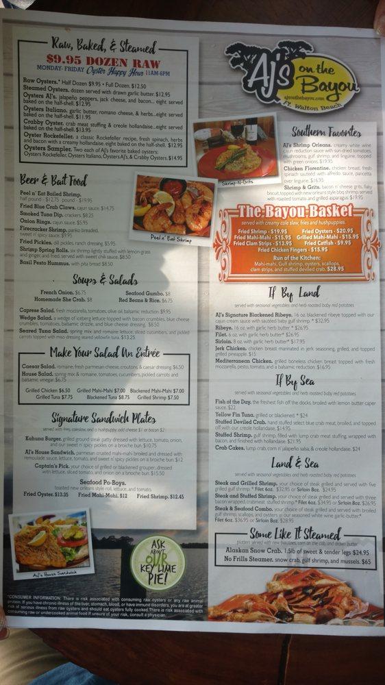 Menu at AJ's on the Bayou restaurant, Fort Walton Beach