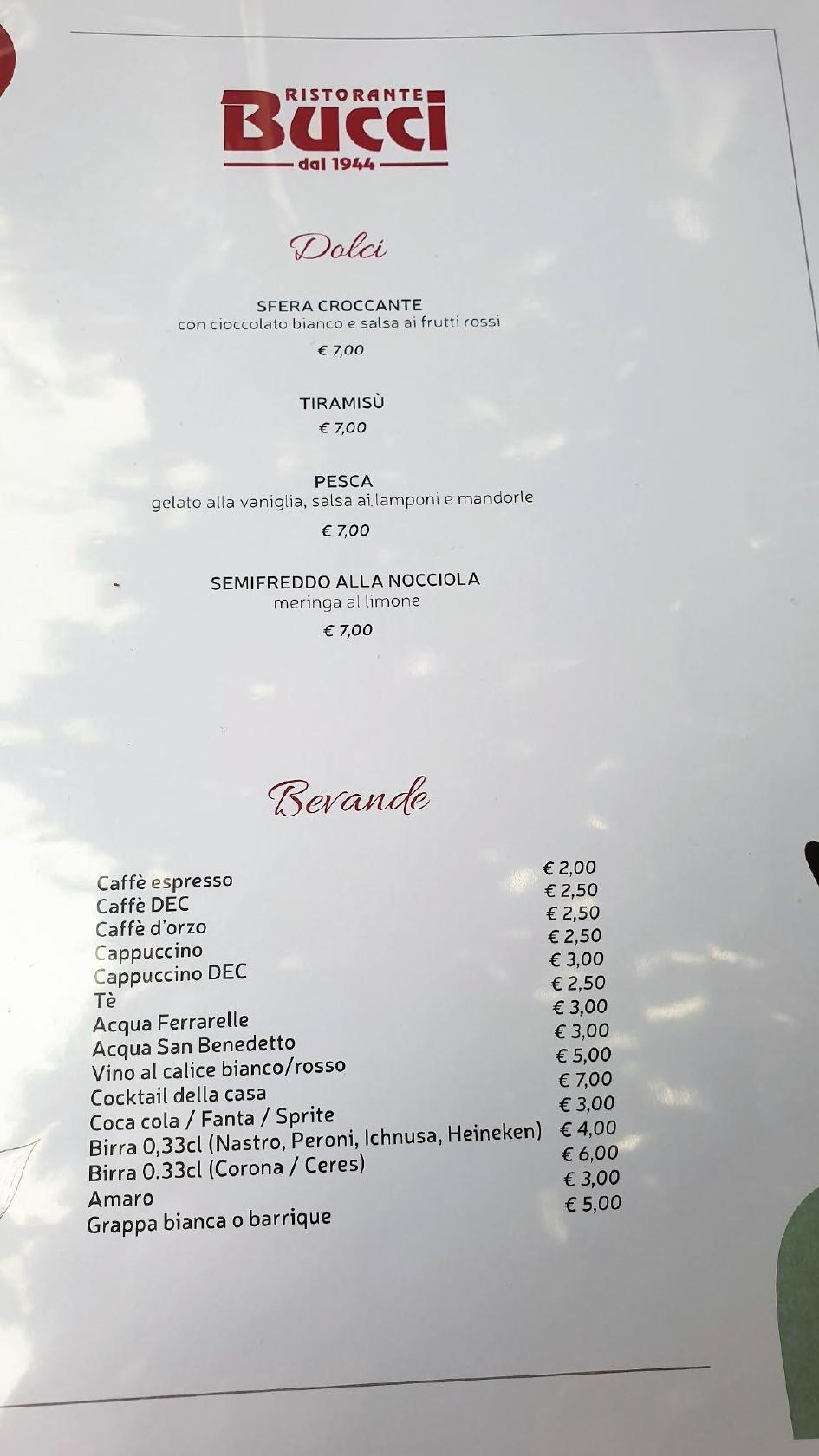 Menu at Bucci restaurant, Castel Gandolfo
