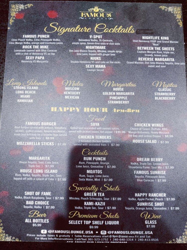 Menu at Famous Lounge Restaurant & Bar, Upper Marlboro