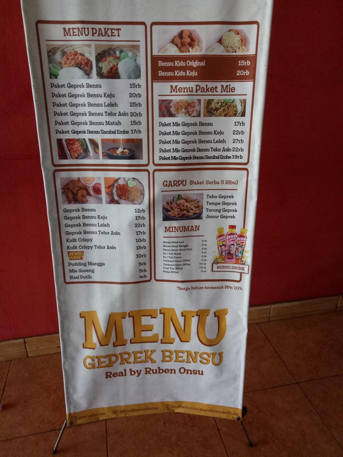Menu at Geprek Bensu restaurant, Denpasar
