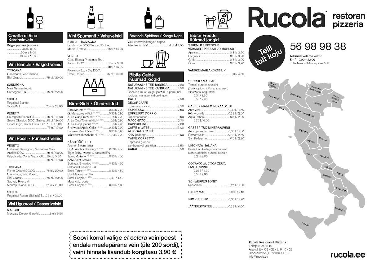 Menu at Rucola restoran & pizzeria, Tallinn