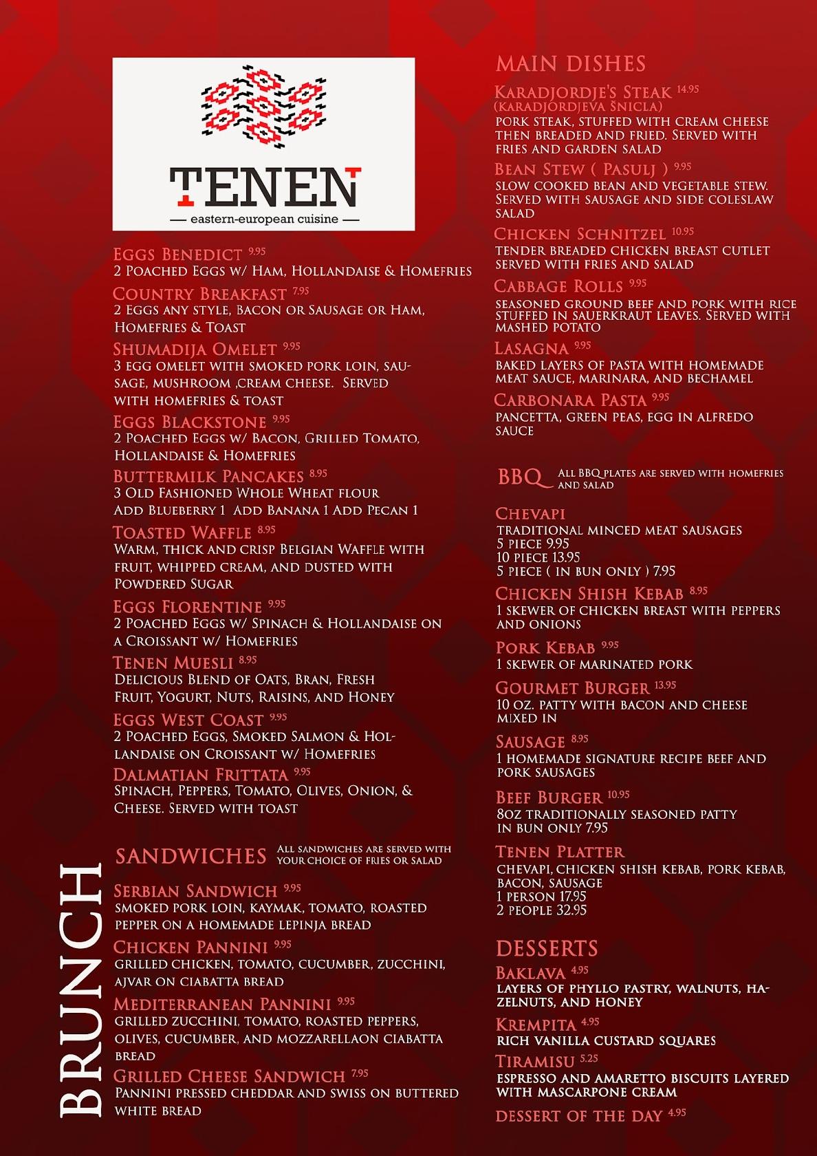 Menu at Tenen Restaurant, Burnaby