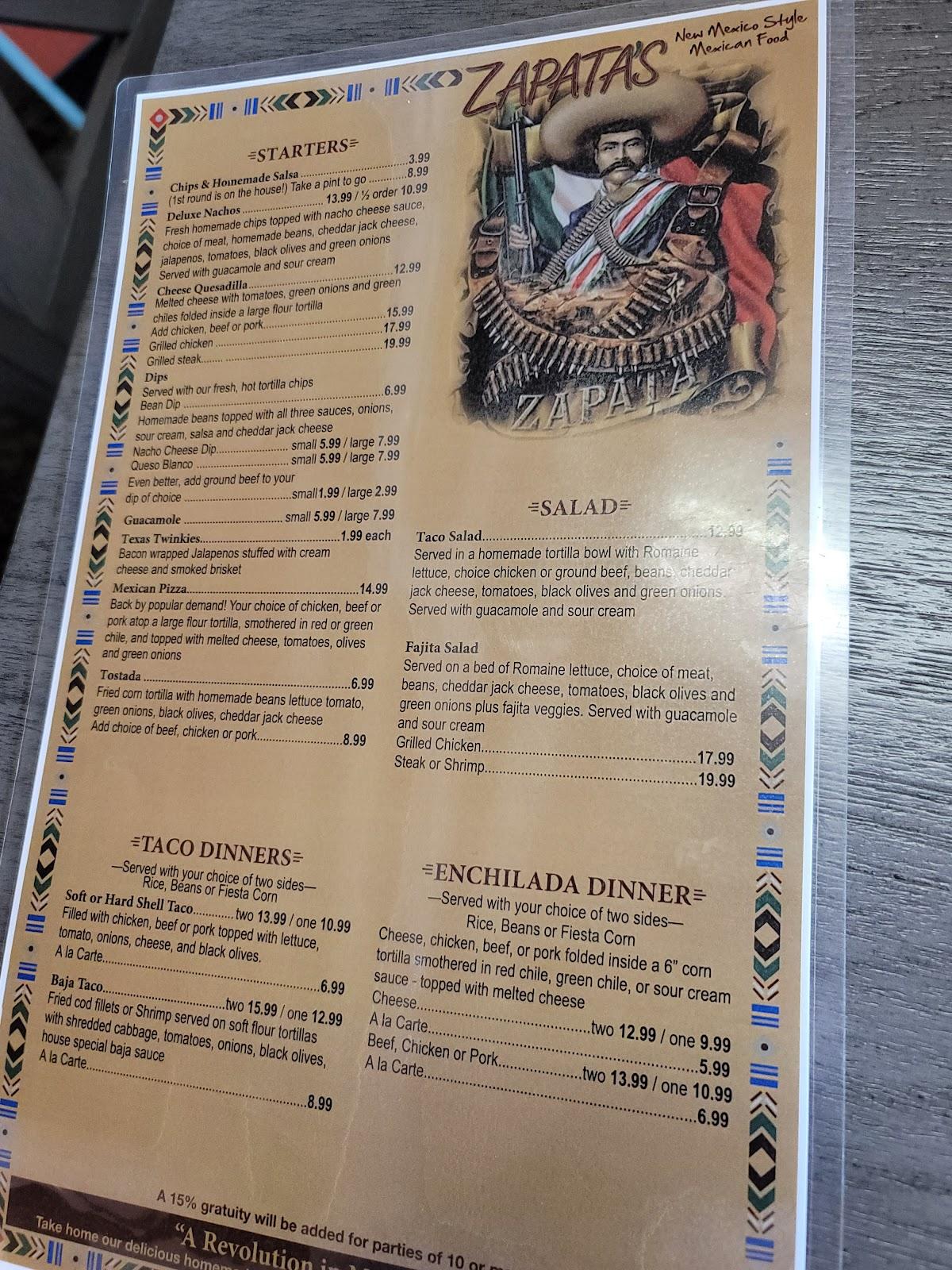 Menu at Zapata's restaurant, Cody, Sheridan Ave