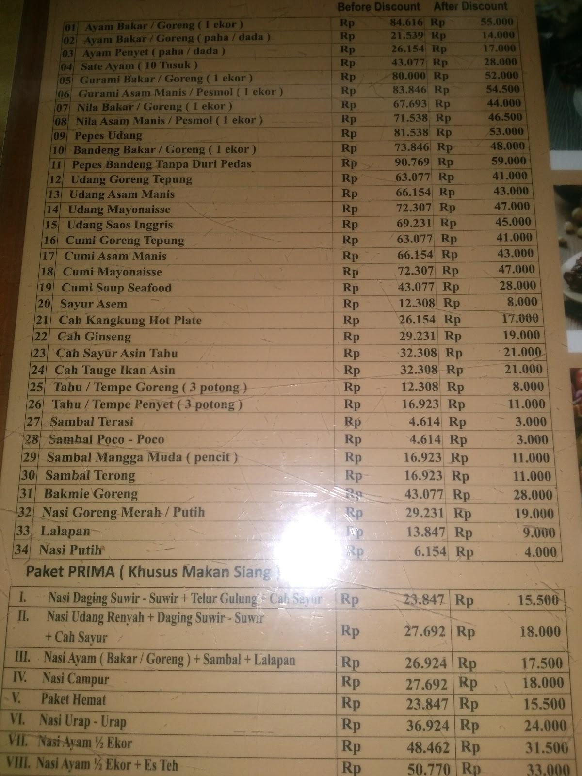 Menu at Ayam Bakar Primarasa restaurant, Semarang, Jl. Gajahmada No.99D
