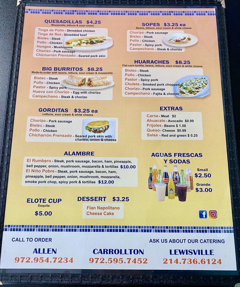 Menu at El Rumbero Taqueria restaurant, Carrollton, Marsh Ln Ste 114