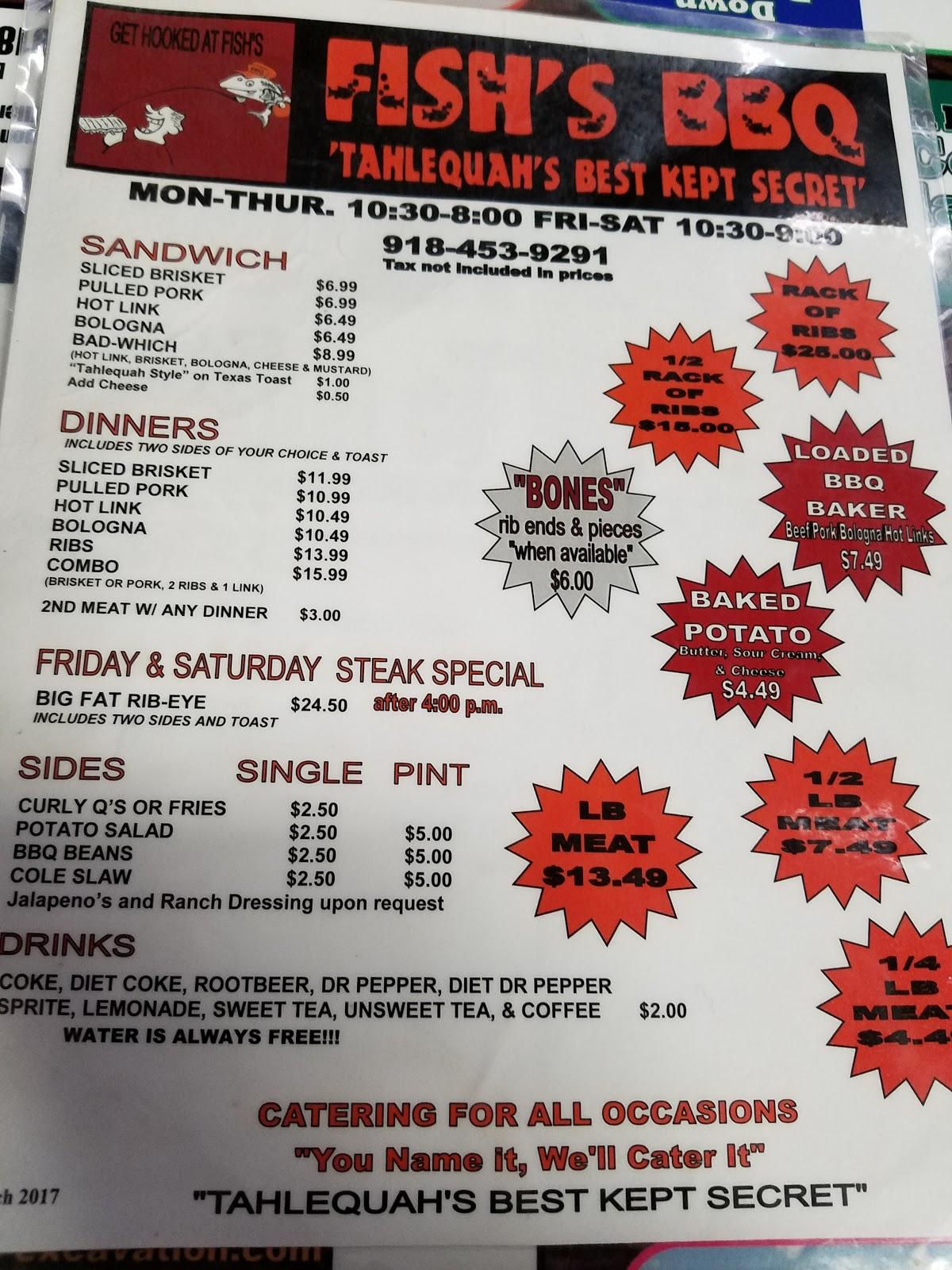 Menu at Fish's Bar B Que, Tahlequah