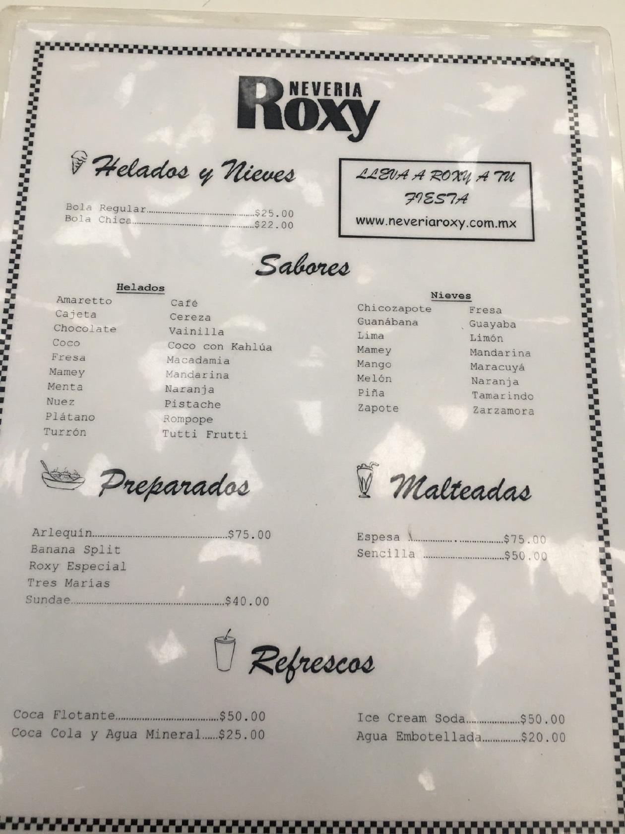Menu at Nevería Roxy, Mexico City, Av. México Coyoacán 389