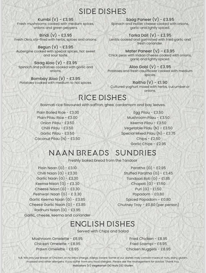 Menu at Radhuni restaurant, South Shields