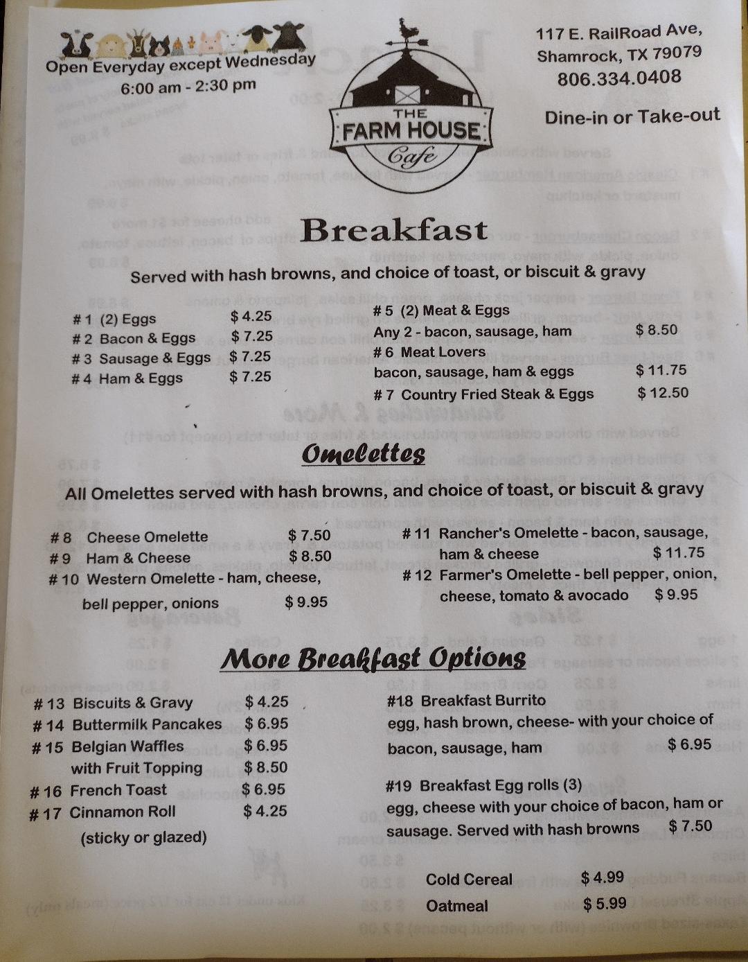 Menu at Farmhouse Cafe, Shamrock