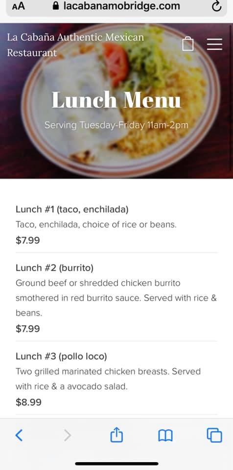 Menu at La cabana Mexican restaurant, Mobridge